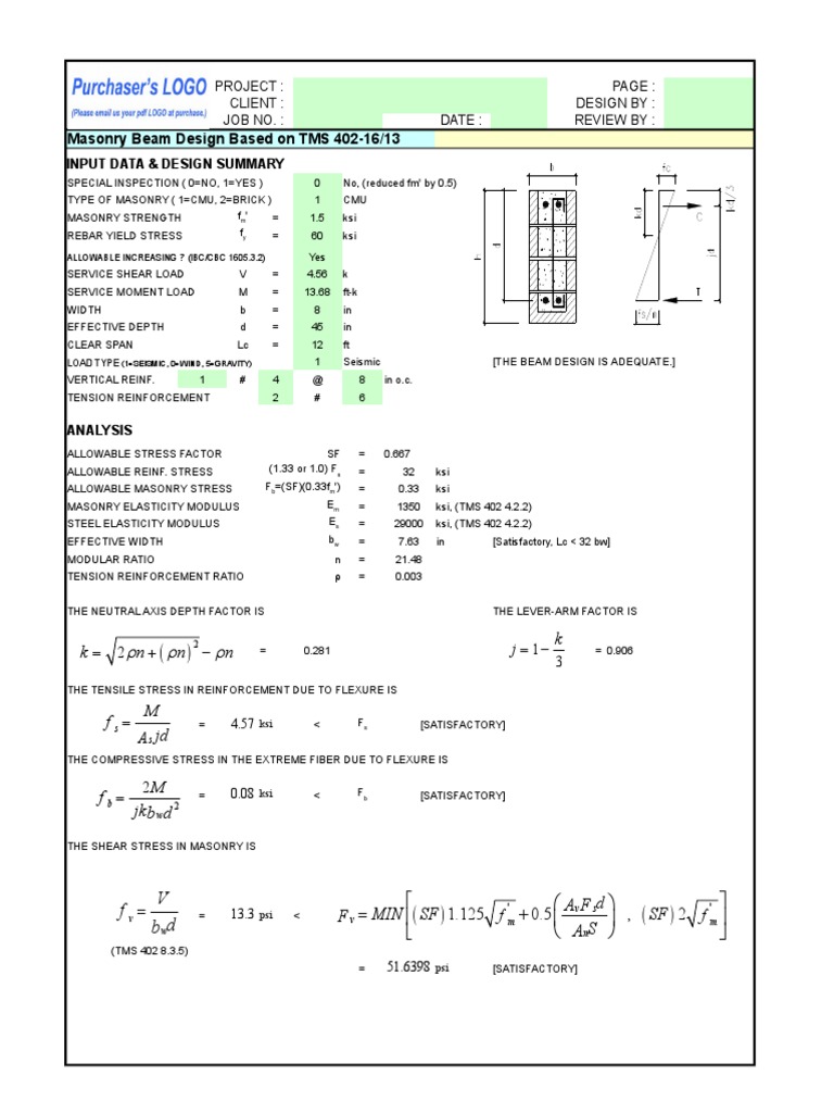 Masonry Beam Design Based On TMS 402-16/13: V F D B | PDF | Bending ...