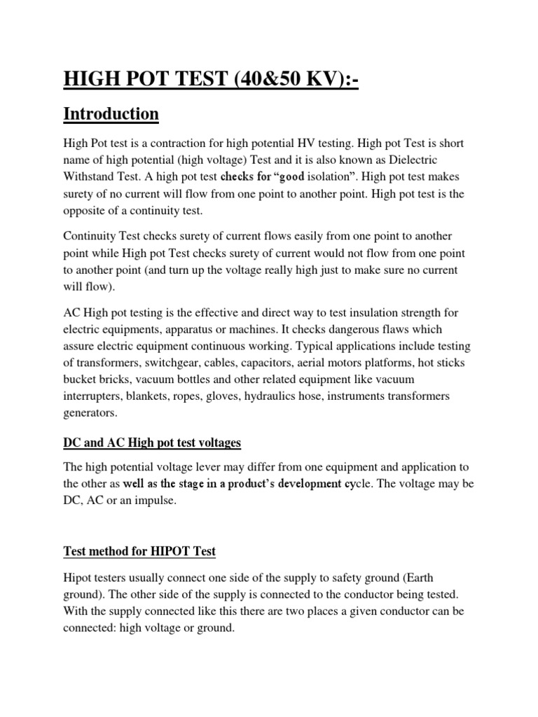 High Pot Test Guide: AC & DC Methods | PDF | Insulator (Electricity ...