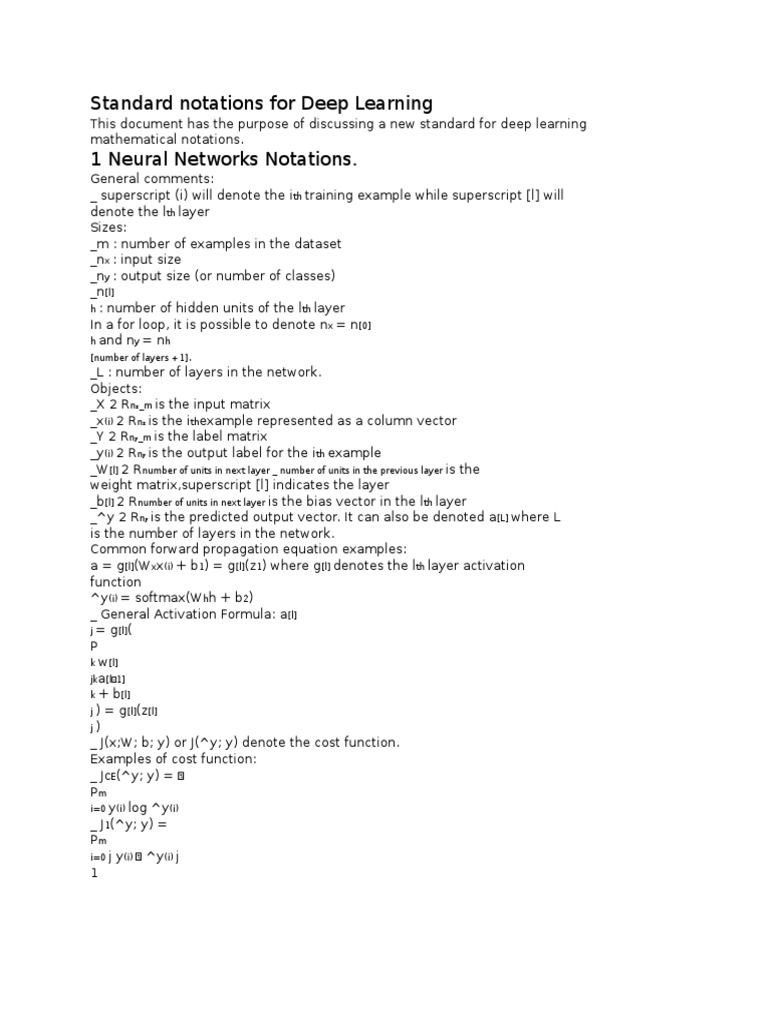 Standard Notations For Deep Learning 1 Neural Networks Notations | PDF
