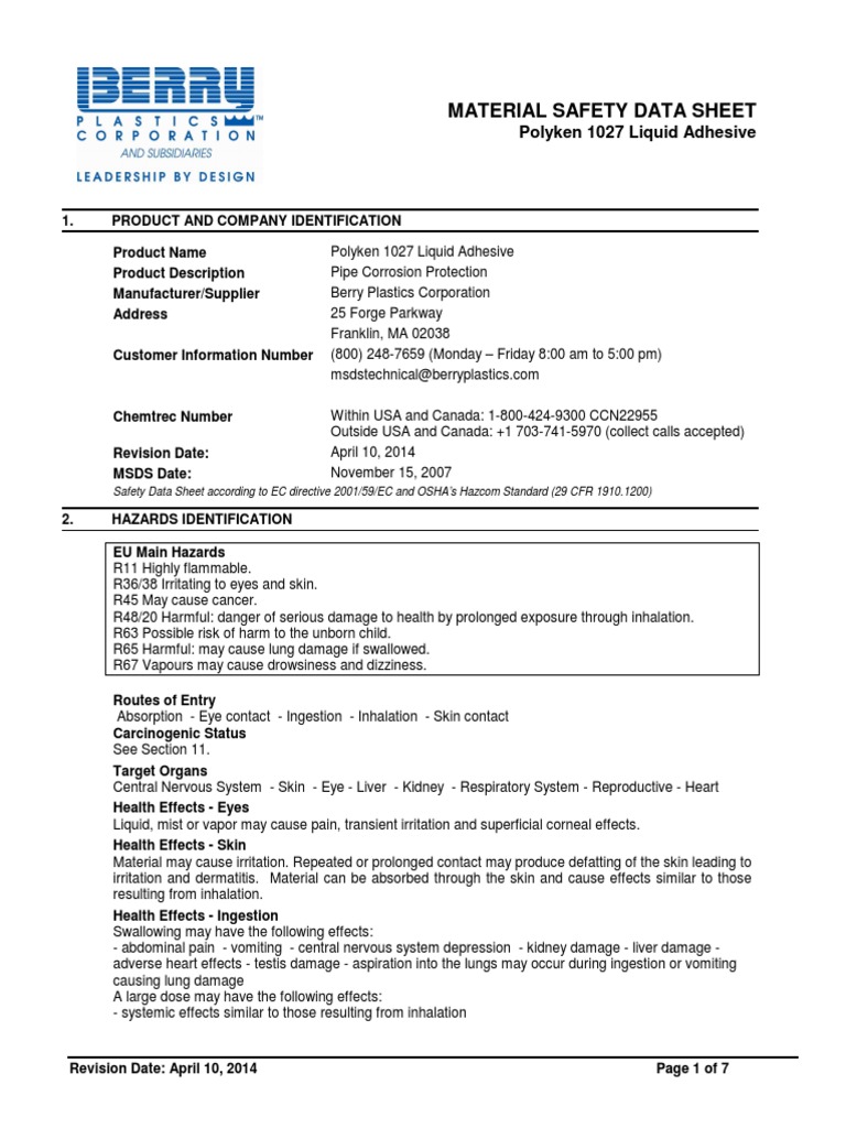 Polyken 1027 Liquid Adhesive MSDS | PDF | Toxicity | Combustion