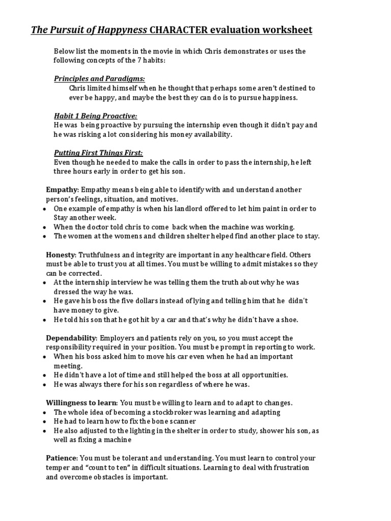 The Pursuit of Happiness Evaluation Worksheet | PDF | Behavioural ...