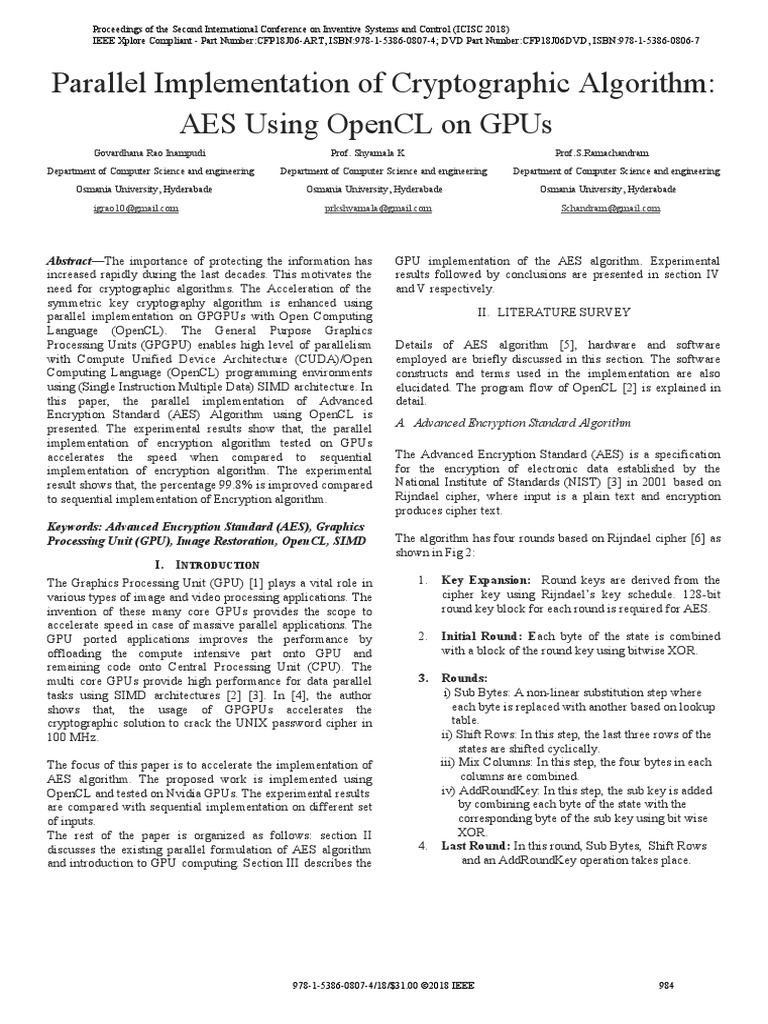 Parallel Implementation Of Cryptographic Algorithm Aes Using Opencl On 