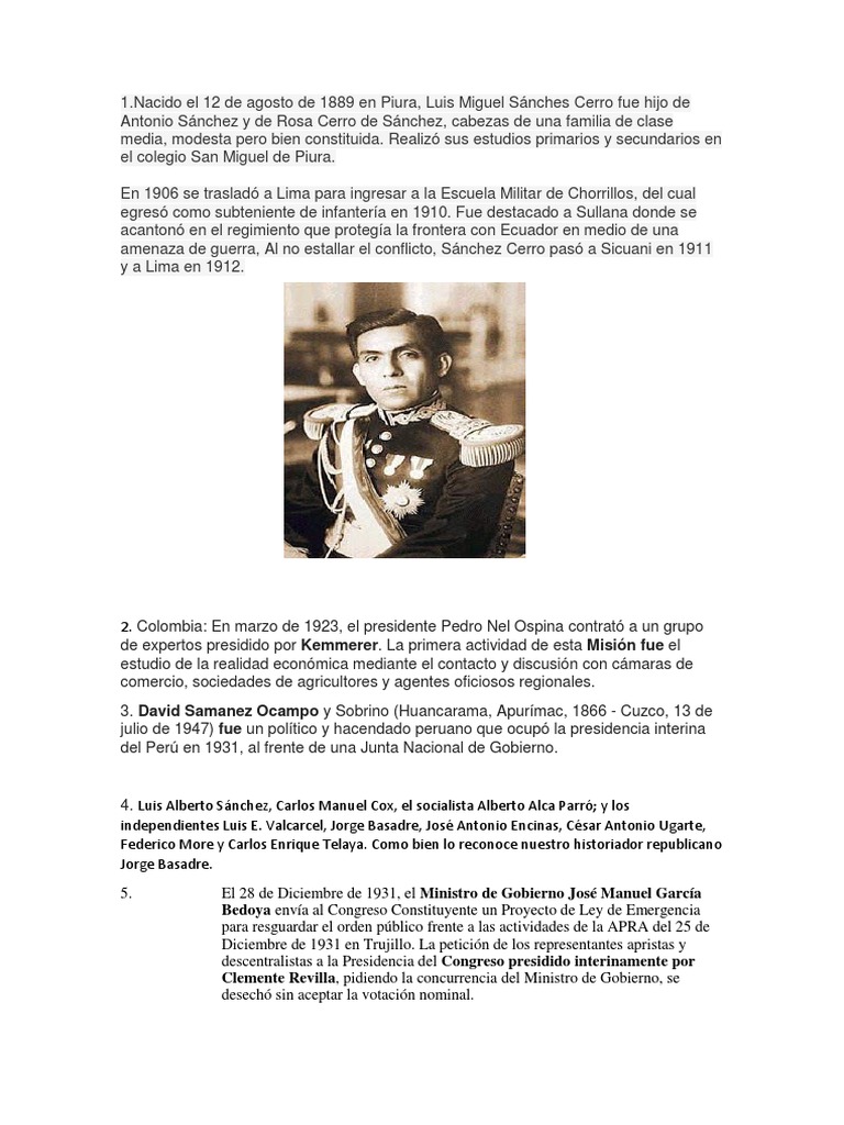 Biografía de Luis Miguel Sánchez Cerro | PDF | Perú | América del Sur