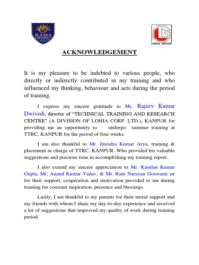 Acknowledgment of Training Support | PDF | Career & Growth