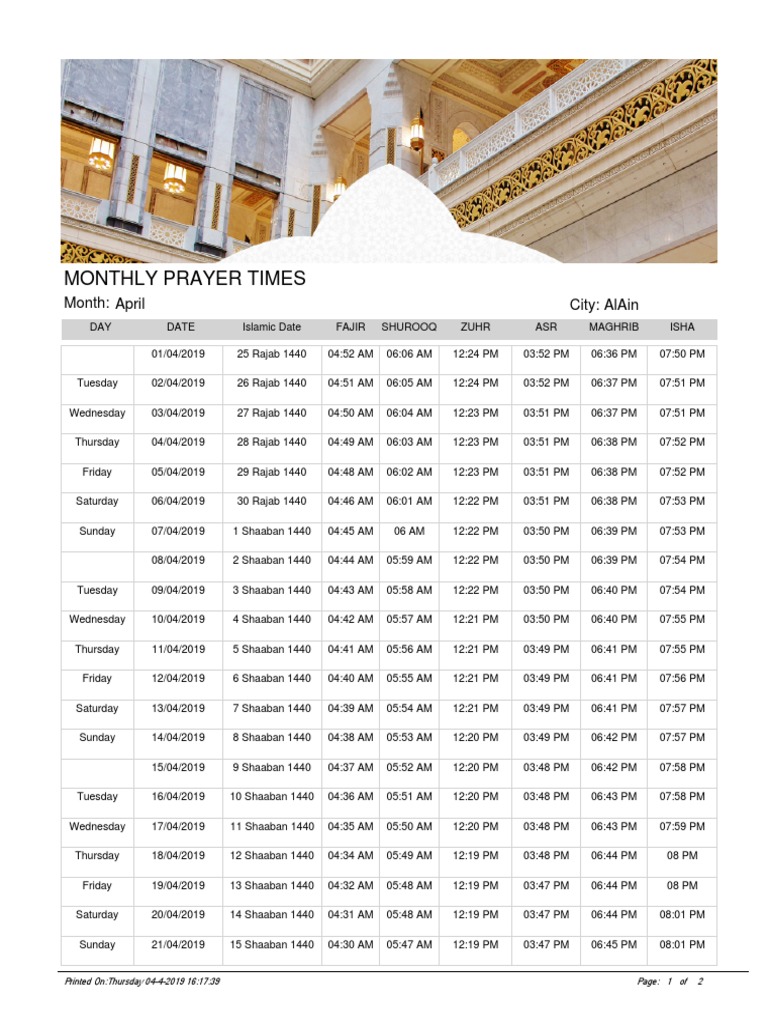 April 2019 Prayer Times Al Ain | PDF | Salat | Worship