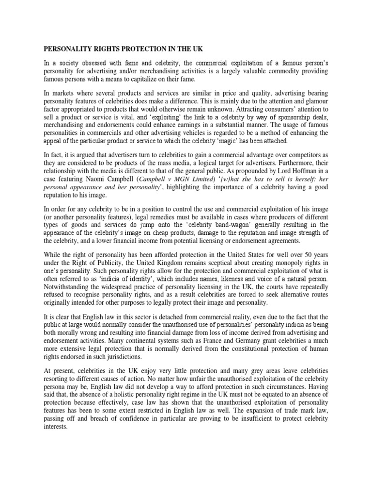 Personality Rights Protection in The Uk | PDF | Celebrity | Personality ...