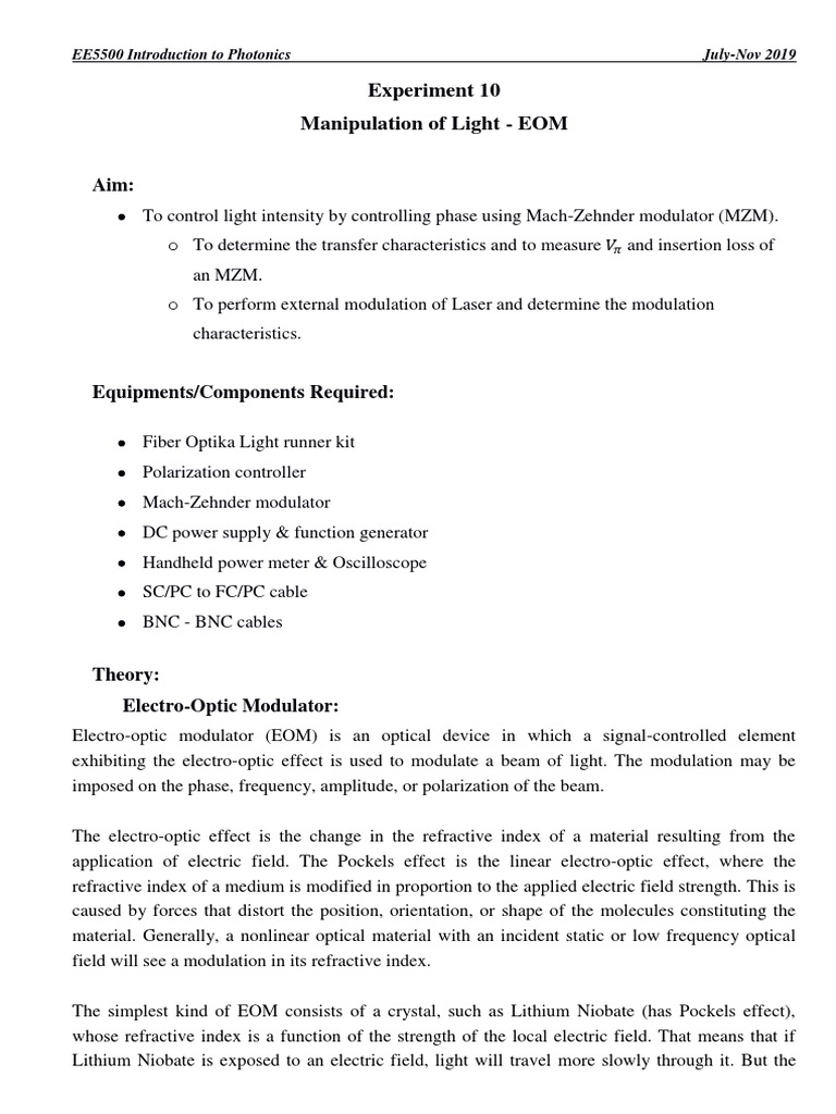Experiment 10 Manipulation of Light - EOM: EE5500 Introduction To ...