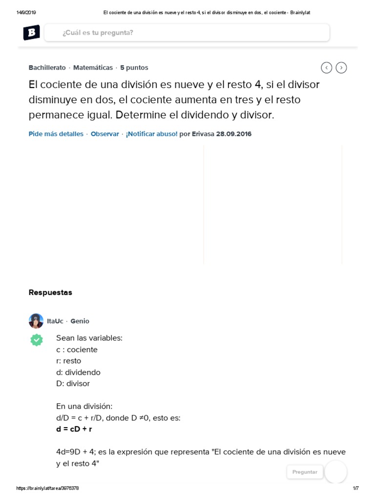 Cociente y resto en divisiones matemáticas | PDF | División ...