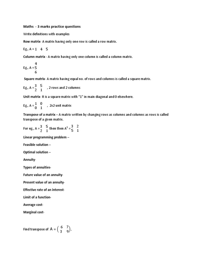 BCOM Maths Practice Questions | PDF | Matrix (Mathematics ...