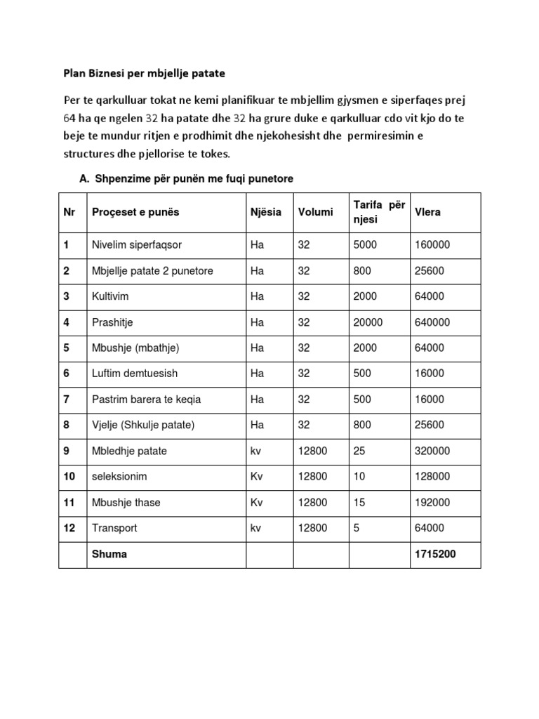 Plan Biznesi Per Mbjellje Patate | PDF