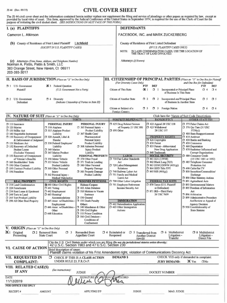 Cover Sheet and Complaint | PDF | Facebook | Censorship