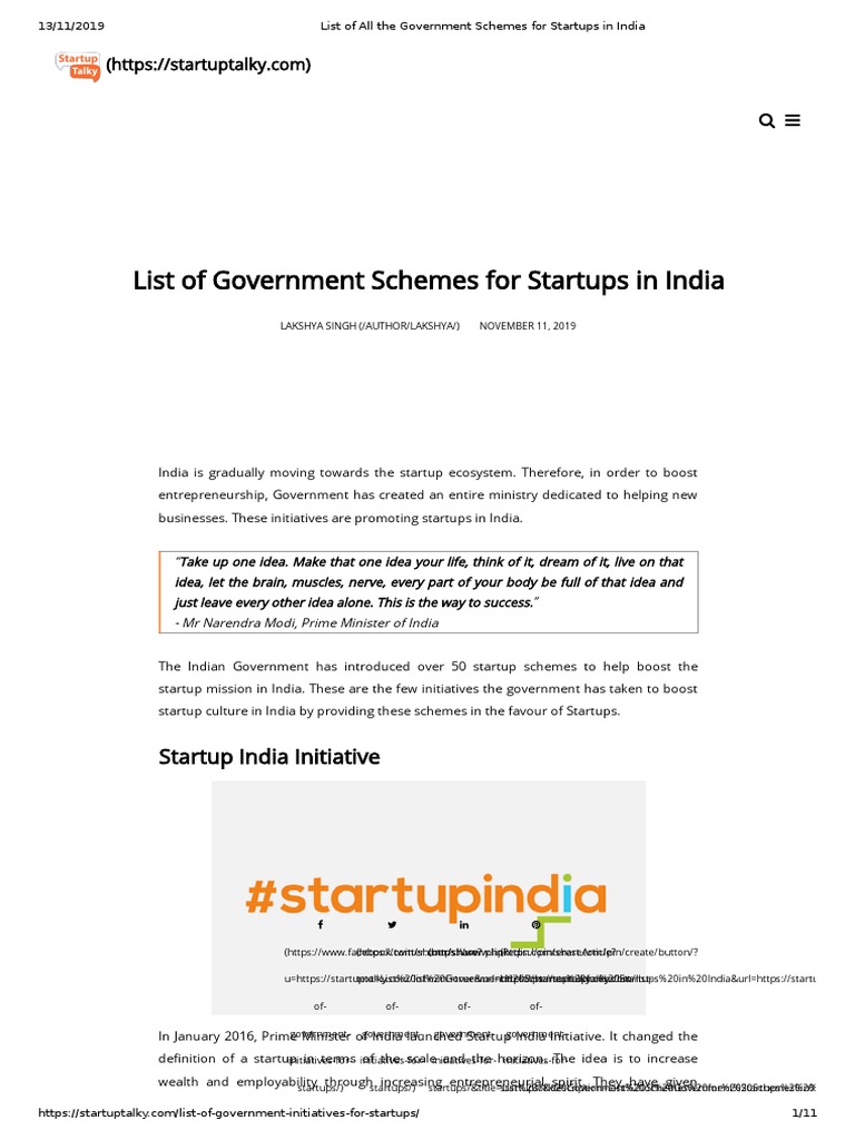 List of All The Government Schemes For Startups in India | PDF ...