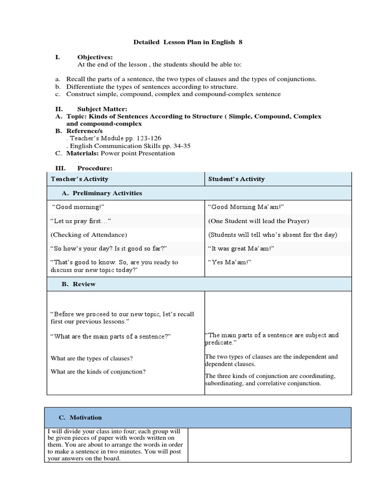Detailed Lesson Plan in English 8 | PDF | Sentence (Linguistics) | Syntax