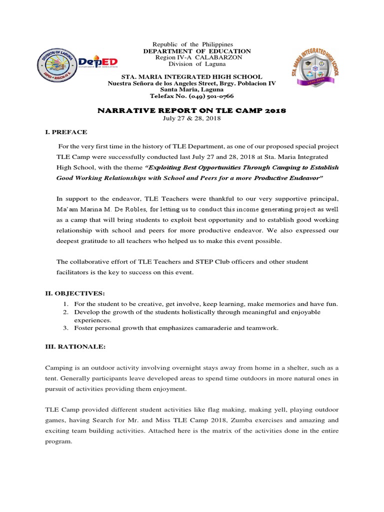 Narrative Report On Tle Camp 2018 | PDF | Camping | Behavior Modification