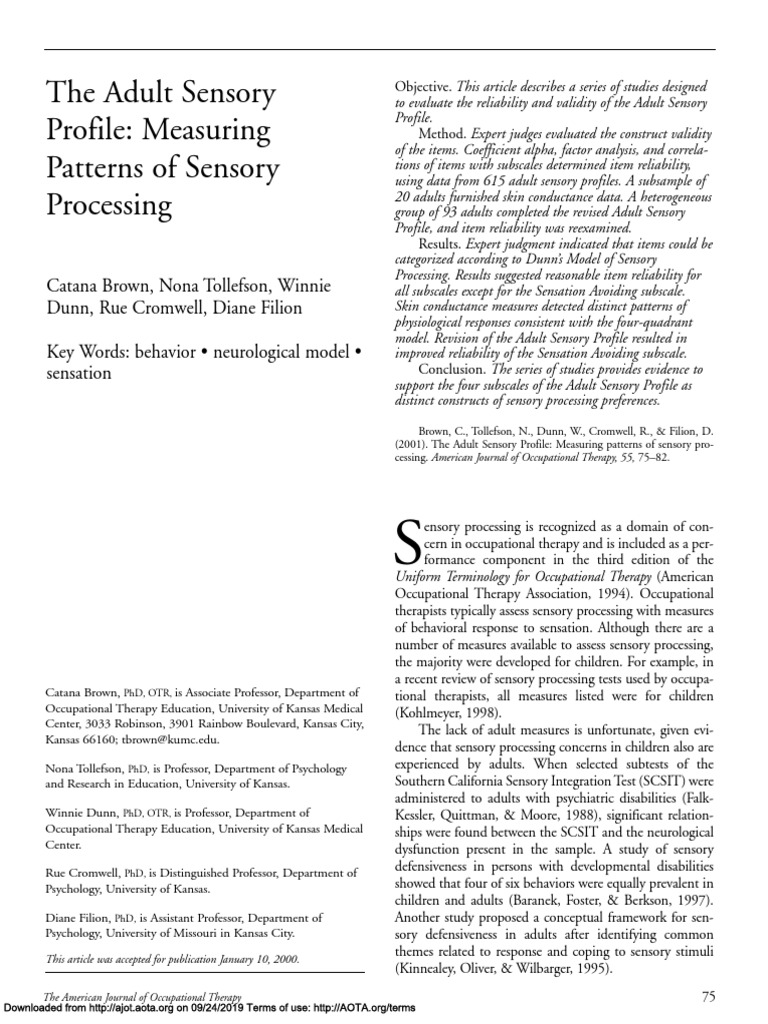 The Adult Sensory Profile: Measuring Patterns of Sensory Processing ...