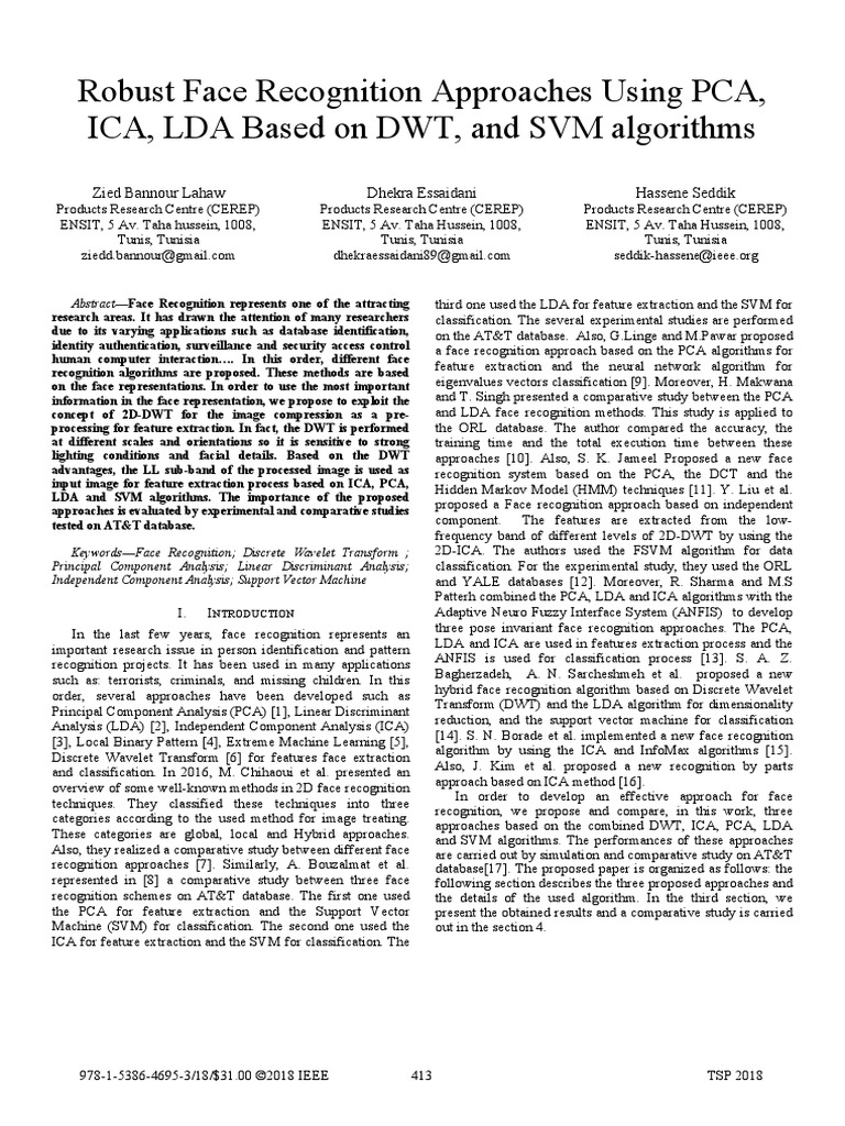 Robust Face Recognition Approaches Using PCA, ICA, LDA Based On DWT, and SVM Algorithms | PDF ...