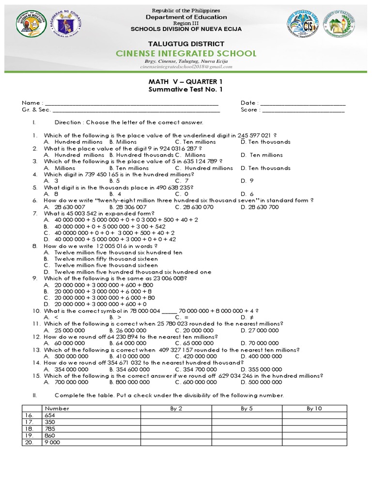Summative Test 1 in Math 1st Grading 4-6 | PDF | Flour | Teaching ...