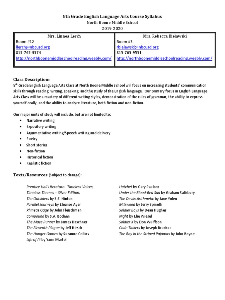8th Grade English Language Arts Course Syllabus | PDF | Homework | Teachers