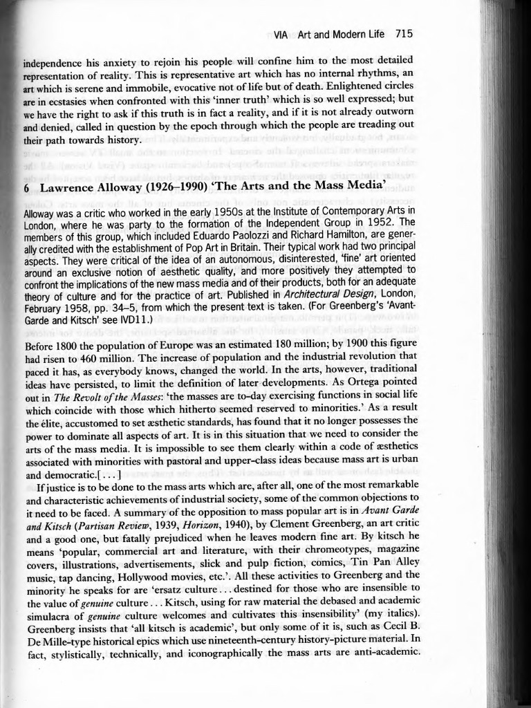 Lawrence Alloway, The Arts and The Mass Media' | PDF | Avant Garde ...