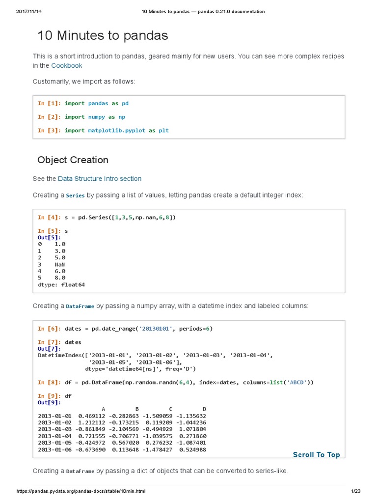 10 Minutes To Pandas - Pandas 0.21 | PDF | Boolean Data Type | Array ...
