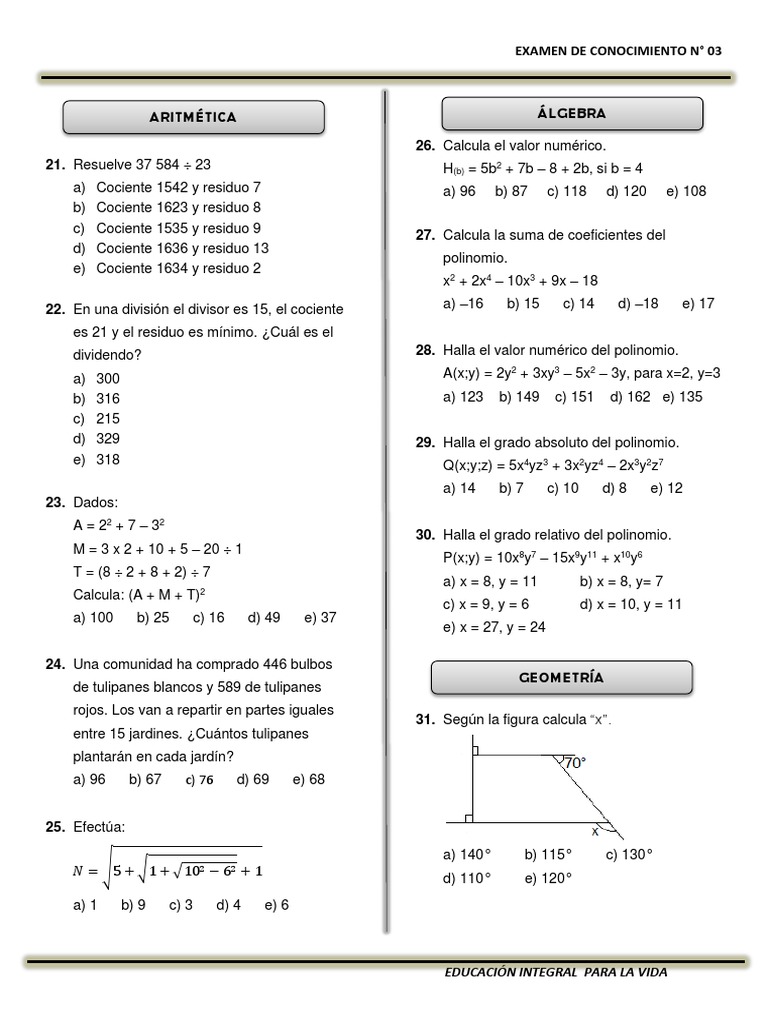 Examen de Matemáticas Quinto Grado | PDF | División (Matemáticas ...