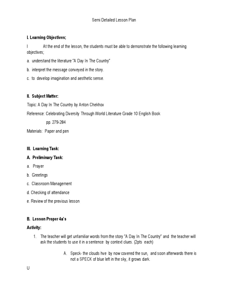 Semi-Detailed Lesson Plan: A Day in the Country | PDF | Lesson Plan ...