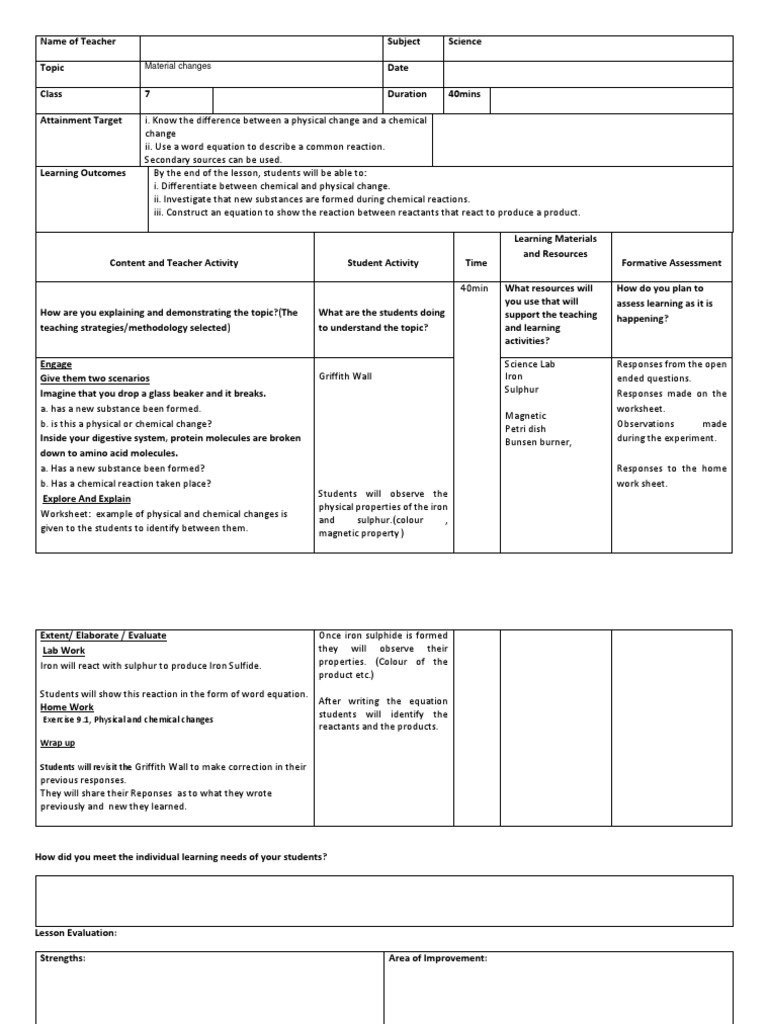 Class 7 Material Change Lesson Plans | PDF | Chemical Reactions ...