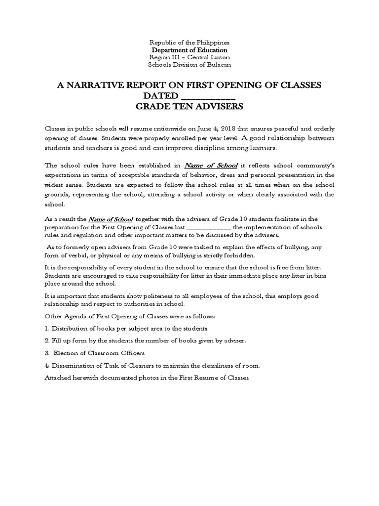 A Narrative Report On First Opening of Classes | PDF