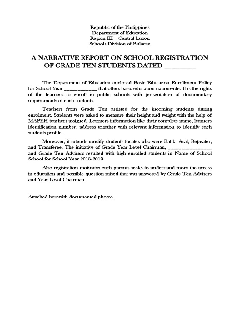 Narrative Report on Grade Ten Registration | PDF