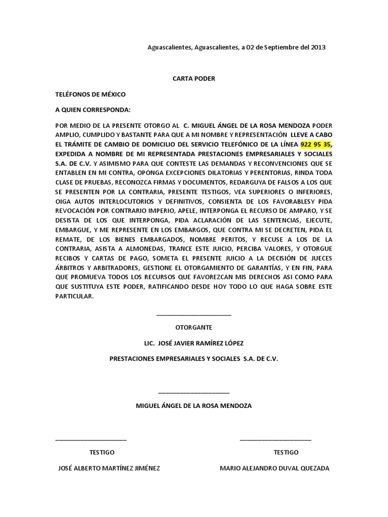 Carta Poder para Telmex | PDF