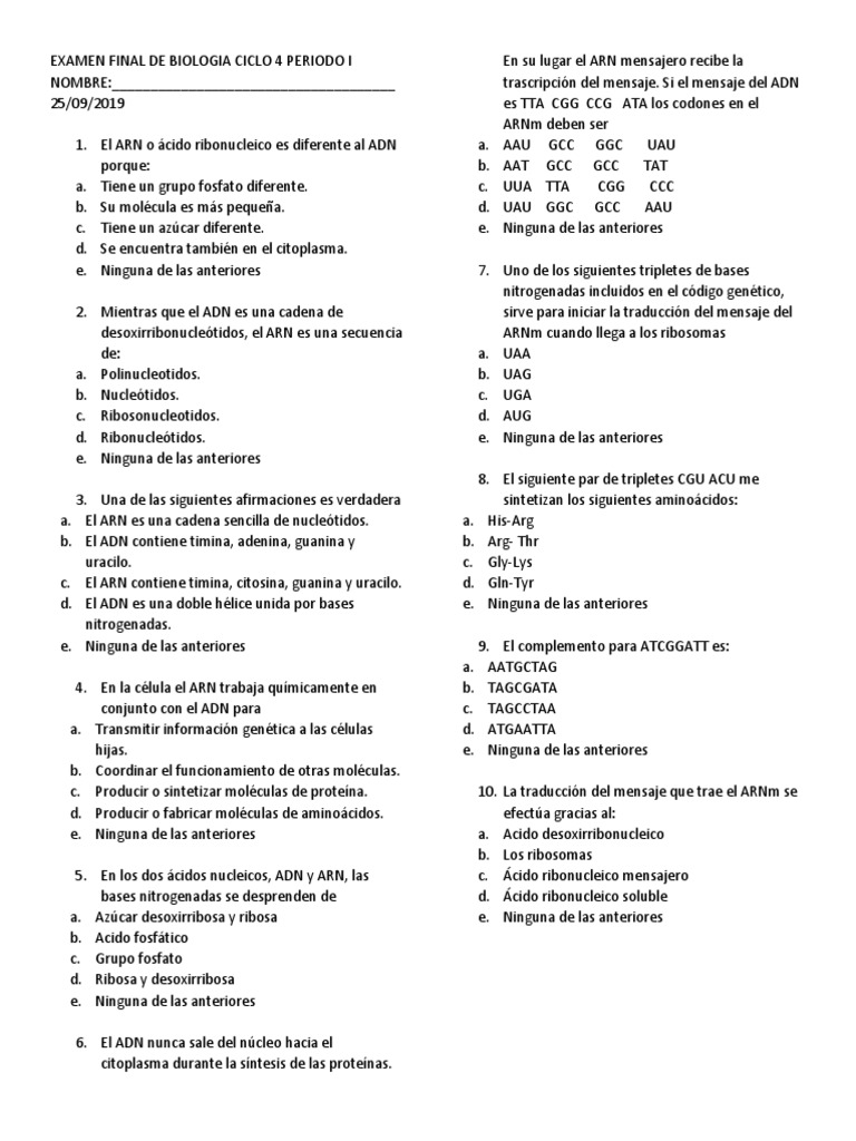Examen Final de Biologia Ciclo 4 Periodo I | PDF | Rna | Codigo genetico