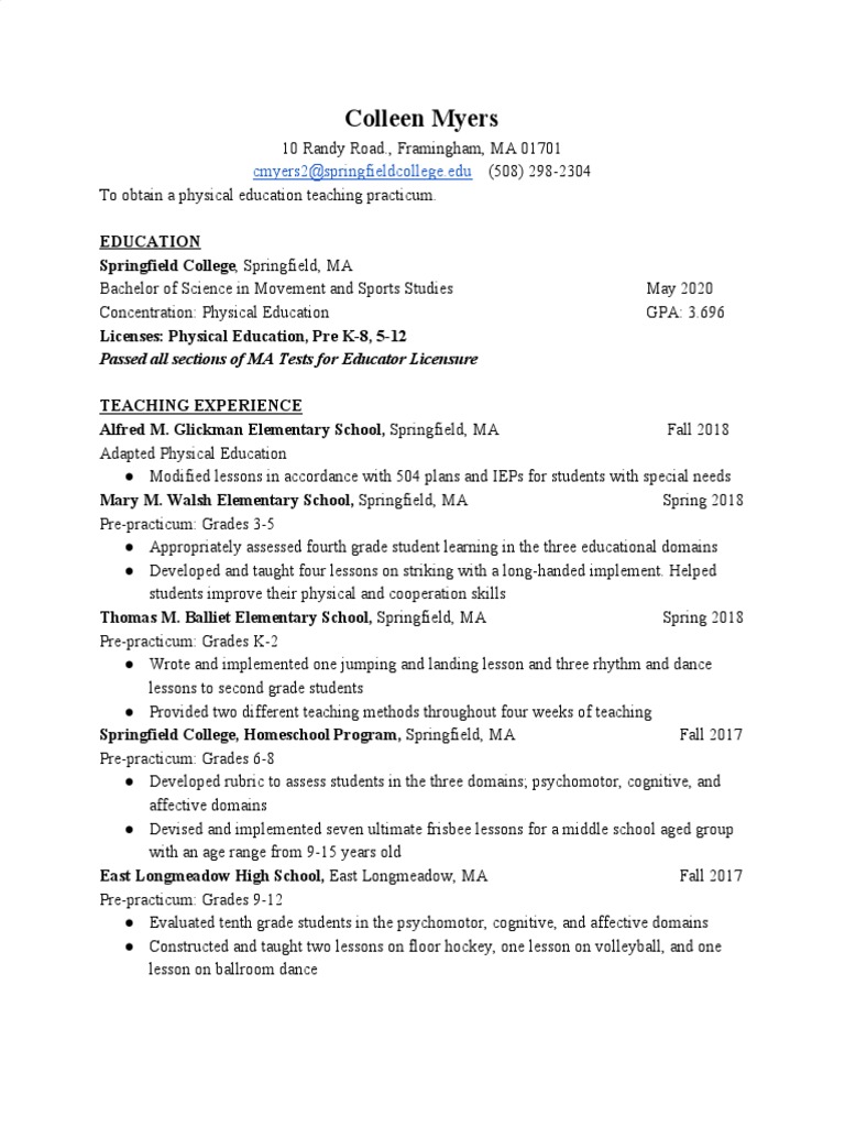 Resume Colleen Myers PDF | PDF | Physical Education | Teaching