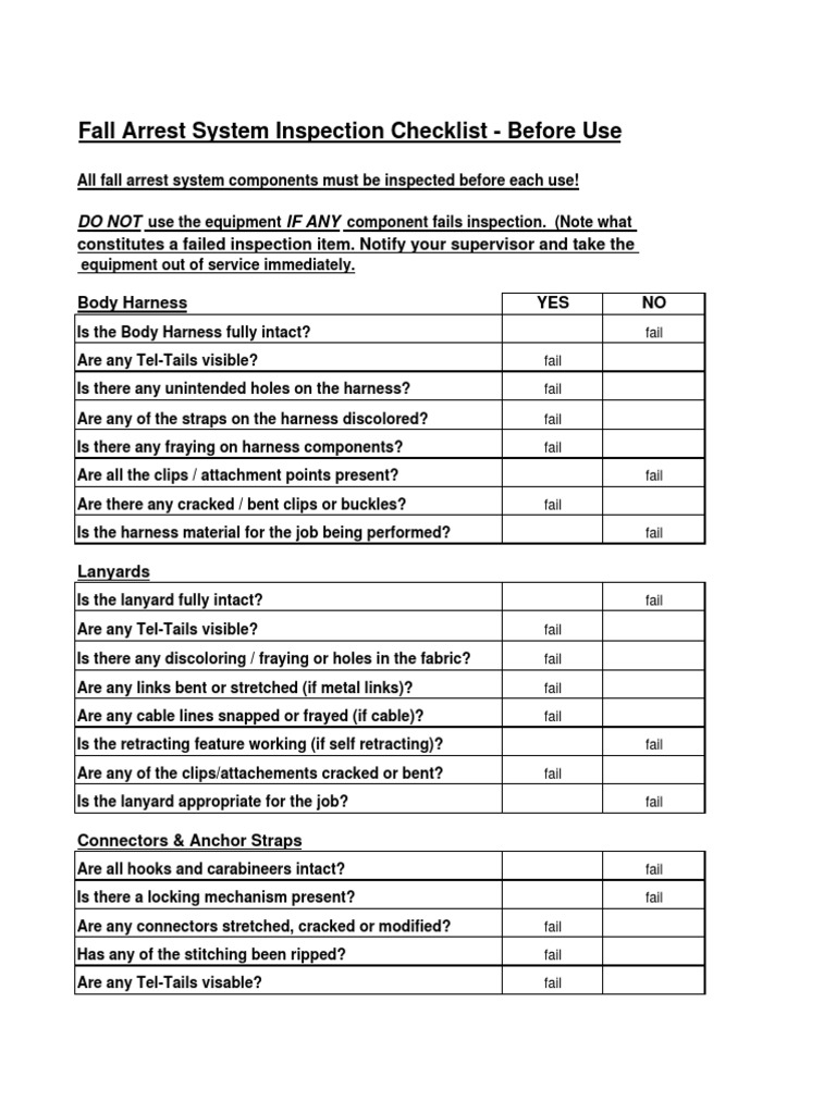 Fall Arrest Pre-Use Checklist Sample 05 PDF | PDF
