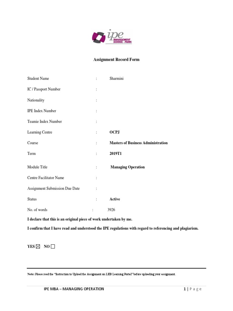 Assignment Record Form | PDF | Business Process | Supply Chain