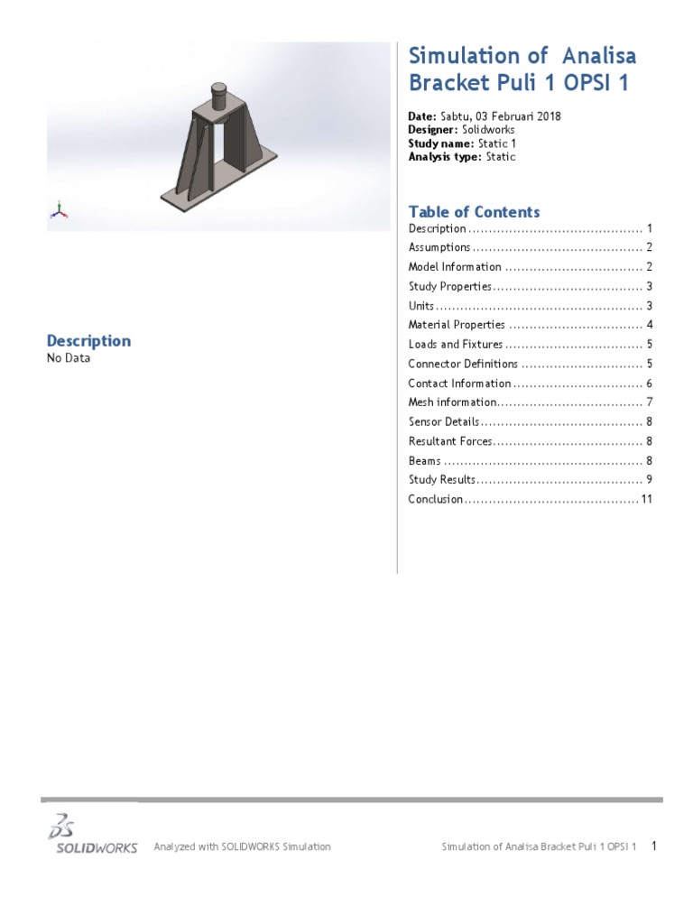 SOLIDWORKS Simulation of Bracket Puli 1 | PDF | Young's Modulus | Density