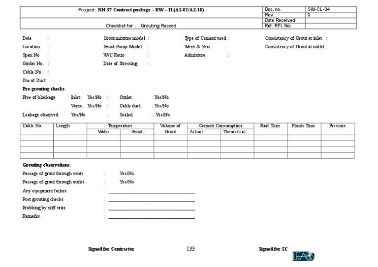 Grouting Record MIPL CL 34 | PDF