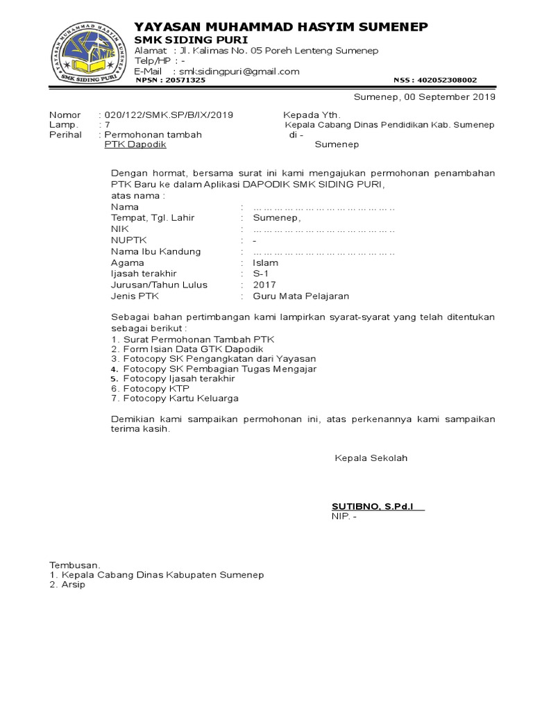 Surat Permohonan Tambah GTK | PDF
