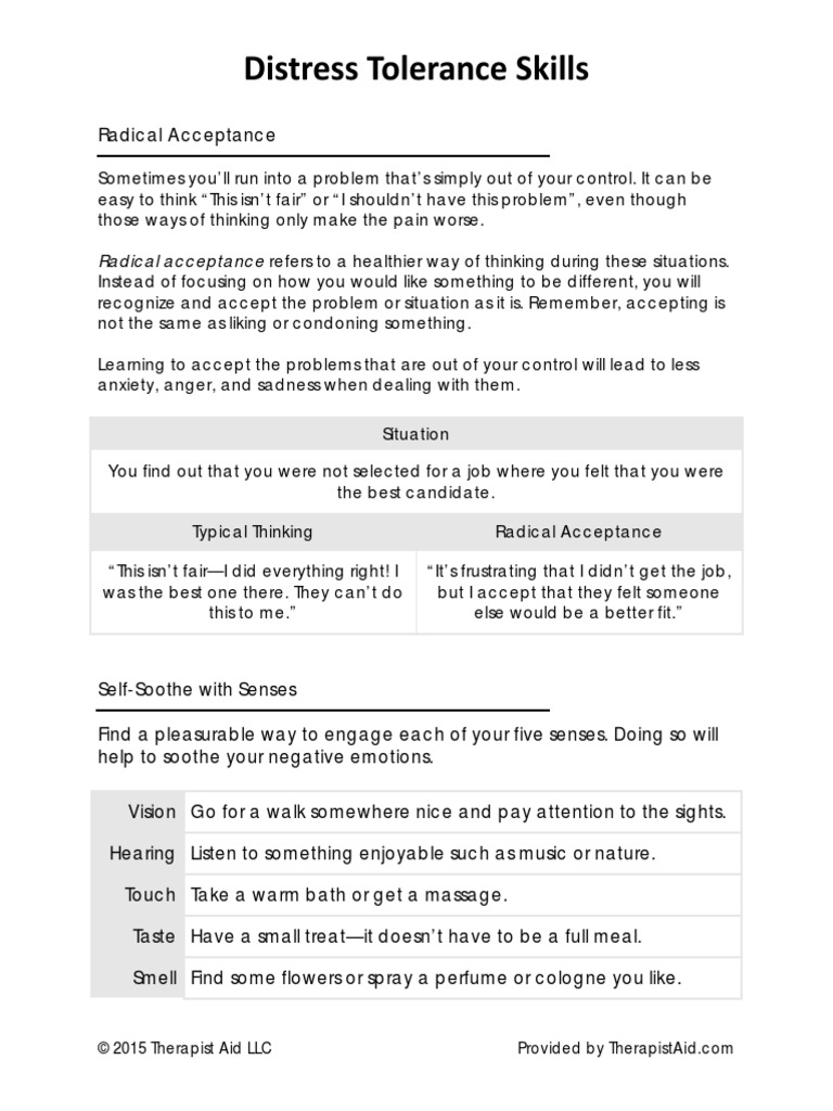 DBT Distress Tolerance Skills | PDF | Dialectical Behavior Therapy ...