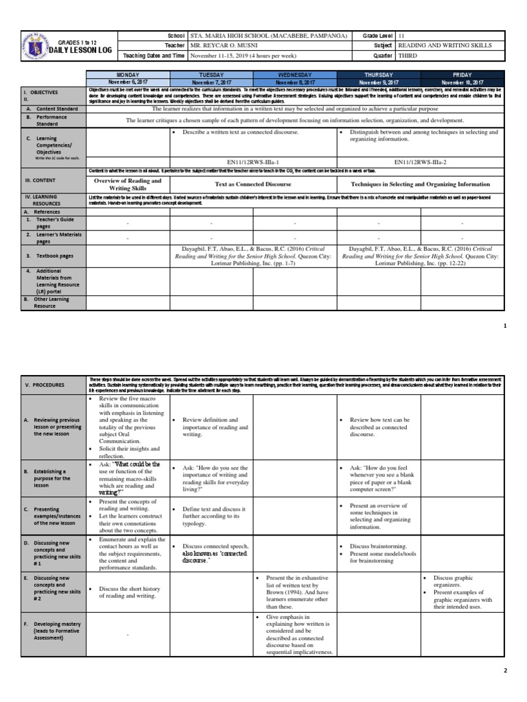 Developing Reading and Writing Skills: A Weekly Lesson Plan for Grade ...