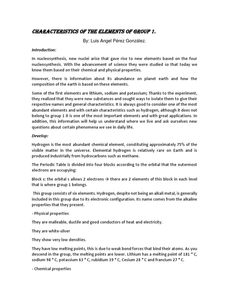 Characteristics of The Elements of Group 1 | PDF | Chemical Elements ...