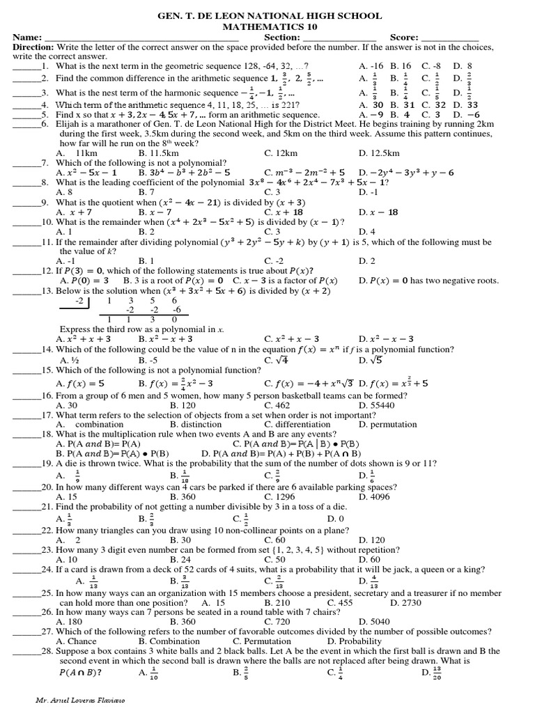 Math Assessment for Grade 10 Students | PDF | Polynomial | Algebra