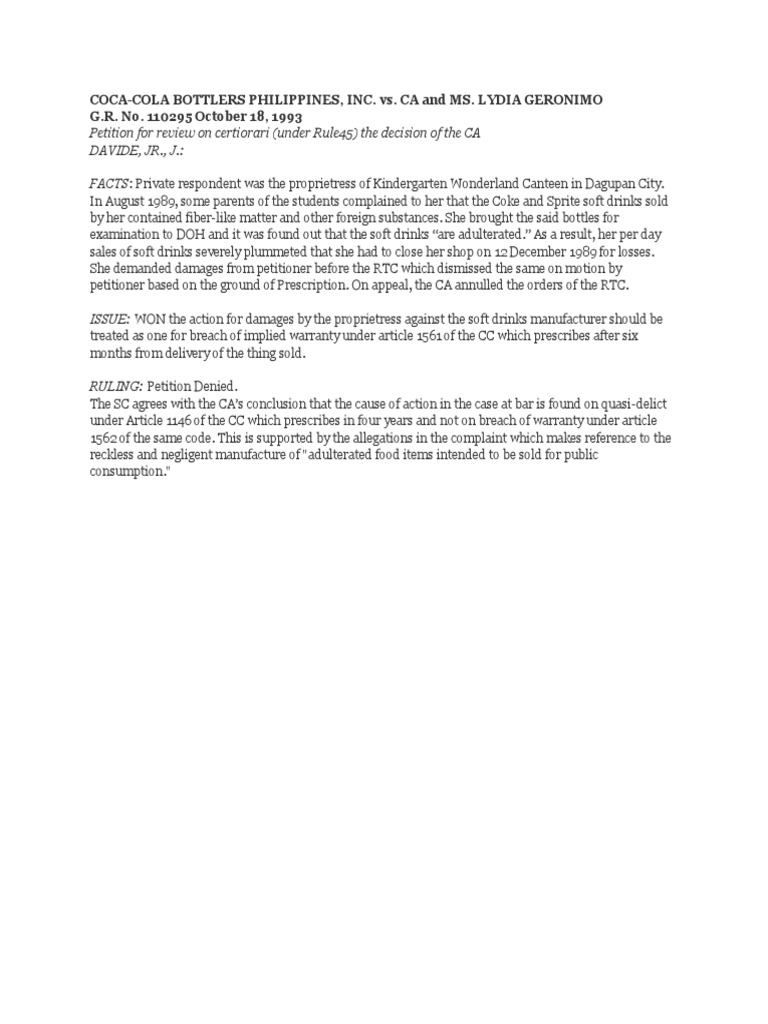 Coca-Cola Bottlers Philippines, Inc. vs. Ca and Ms. Lydia Geronimo G.R ...