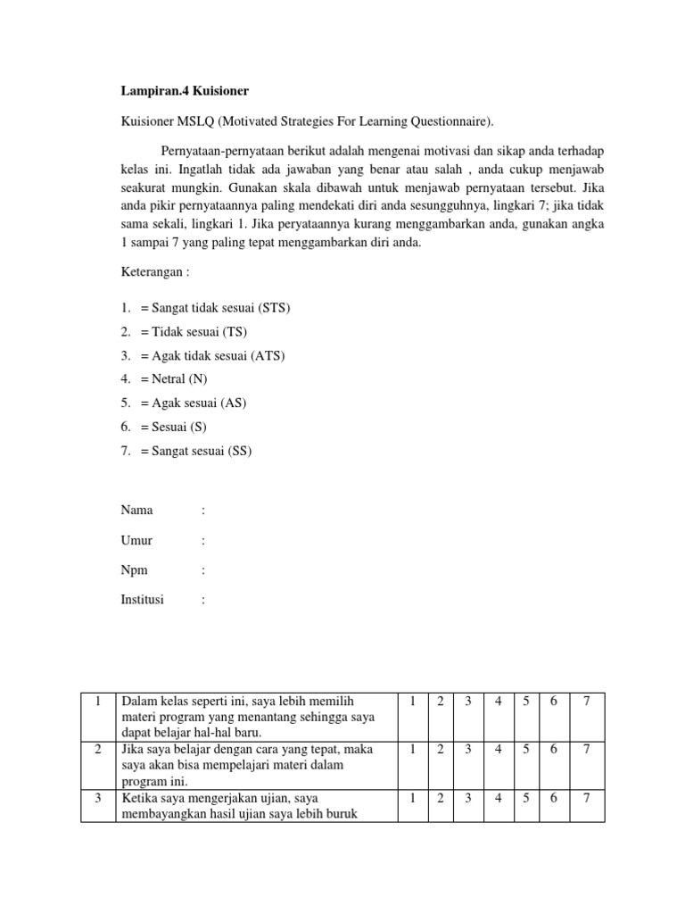 Kuesioner MSLQ untuk Motivasi Belajar | PDF