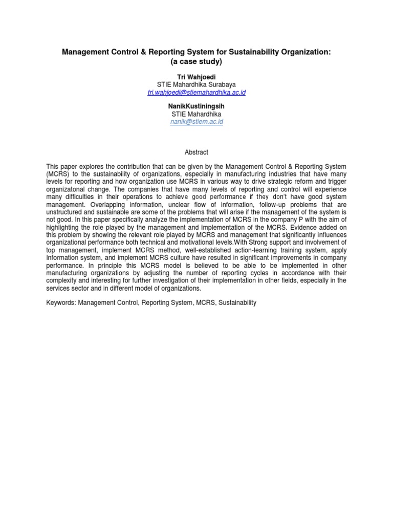 Management Control & Reporting System For Sustainability Organization ...