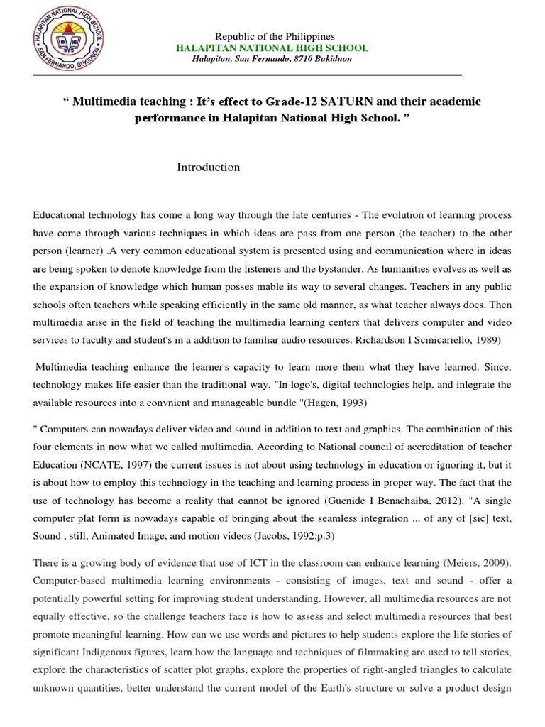 Multimedia Teaching: It's Effect To Grade-12 SATURN and Their Academic ...