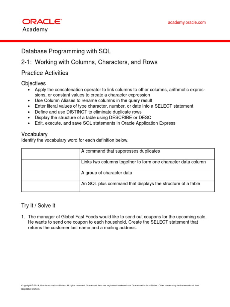 Database Programming With Sql 2 1 Working With Columns Characters And Rows Practice