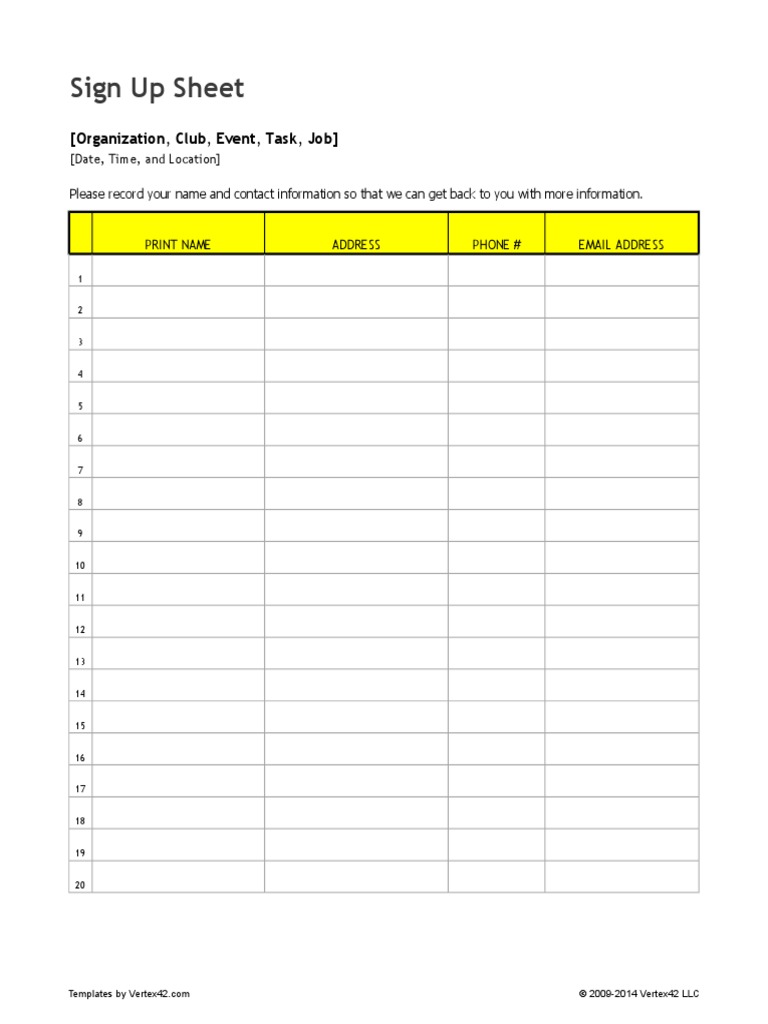 Sign Up Sheet: (Organization, Club, Event, Task, Job) | PDF | Business