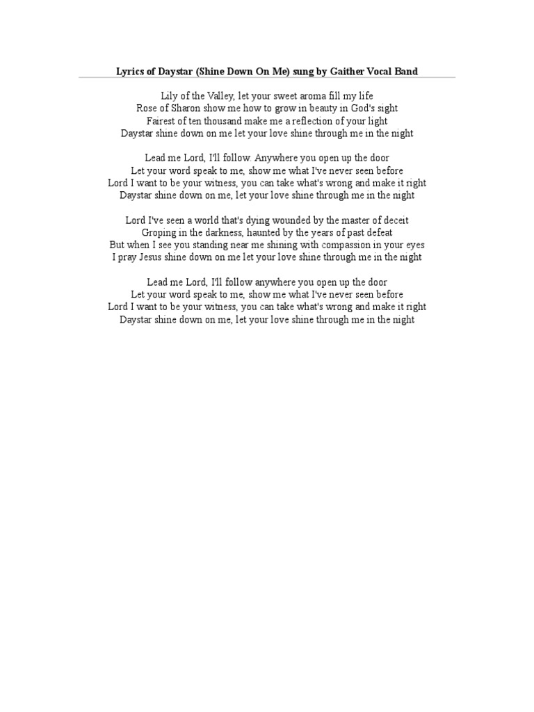Lyrics of Daystar (Shine Down On Me) Sung by Gaither Vocal Band | PDF