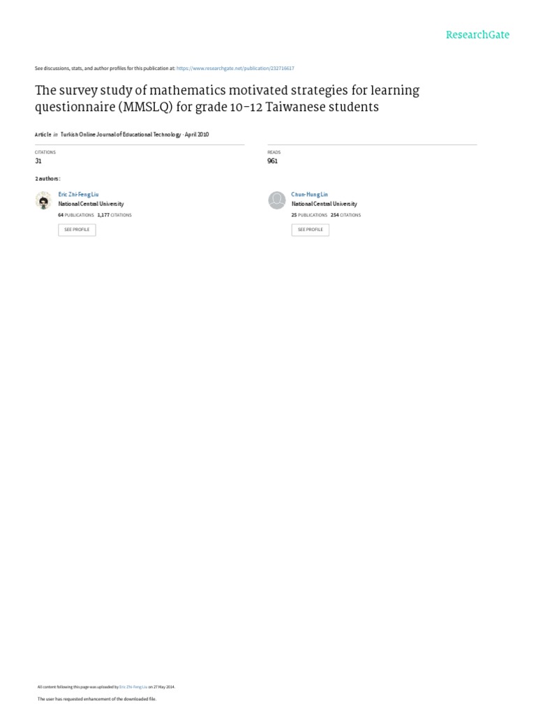 The Survey Study of Mathematics Motivated Strategies For Learning ...