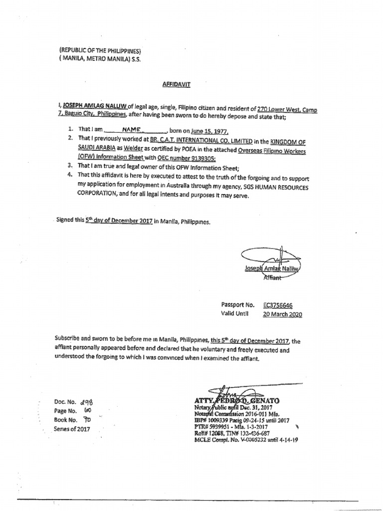 SAMPLE - Affidavit of POEA Info Sheet | PDF